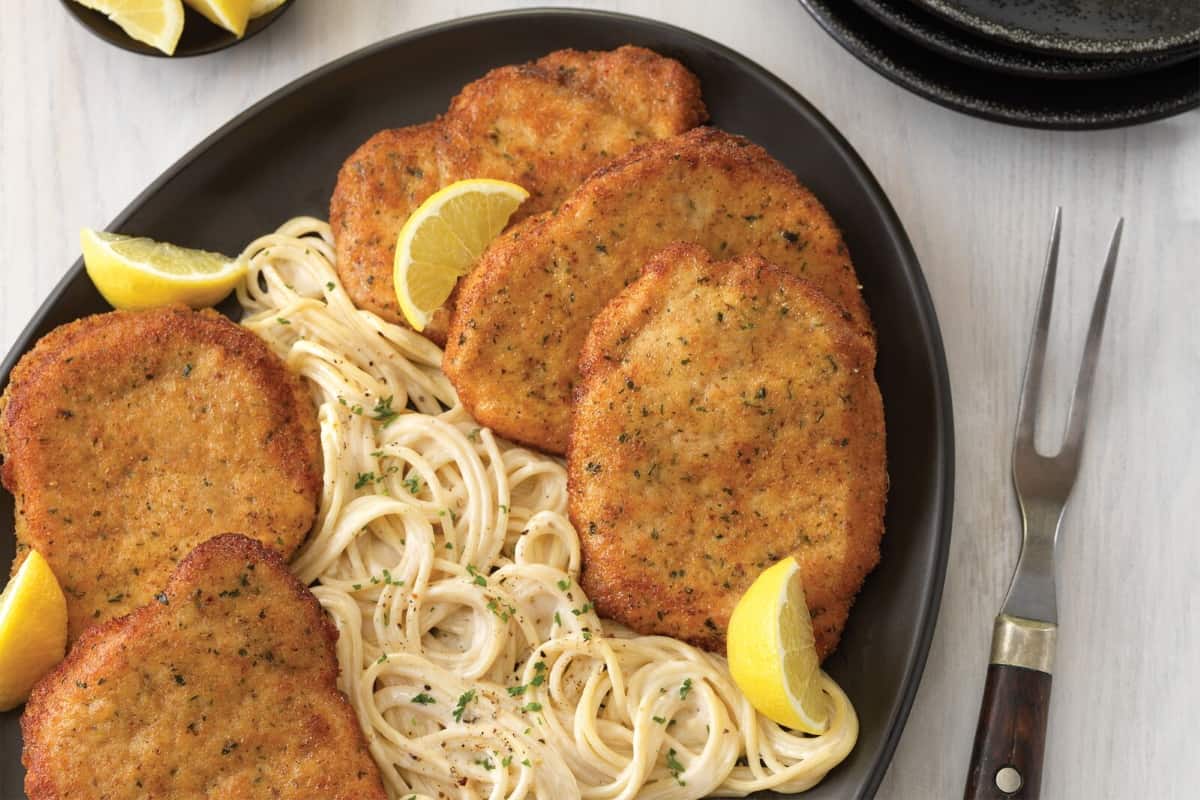 Pork Milanese With Cacio e Pepe Spaghetti Recipe| Prairie Fresh®
